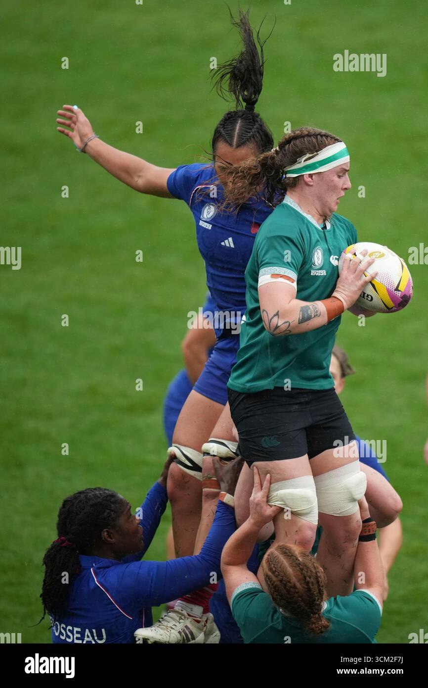 Ireland's Ruth Campbell, top right, wins a line out against France's ...