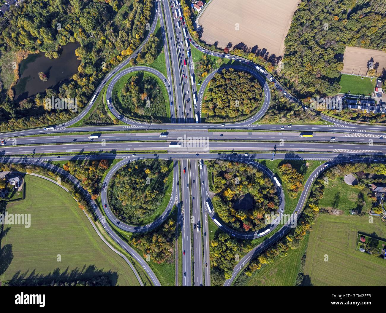 Aerial view, motorway junction Moers, motorway A40 and motorway A57 ...