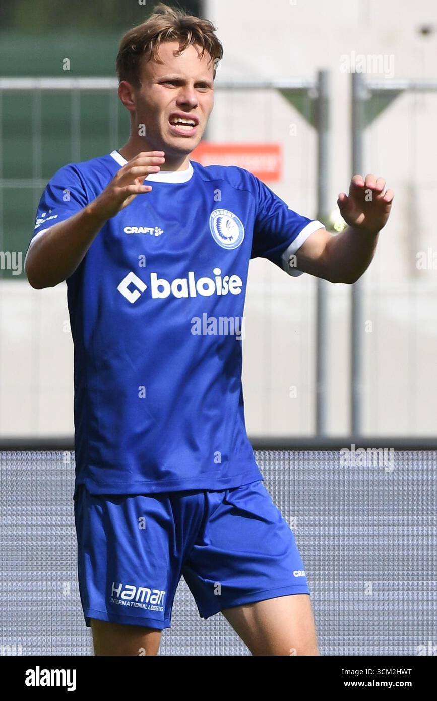 Gent's Matisse Samoise celebrates after scoring during a soccer match ...