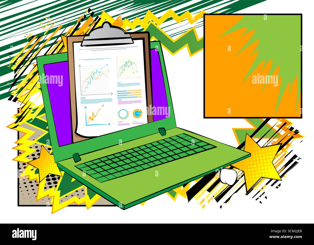 Cartoon Laptop, comic book Notebook with business report. Retro vector ...