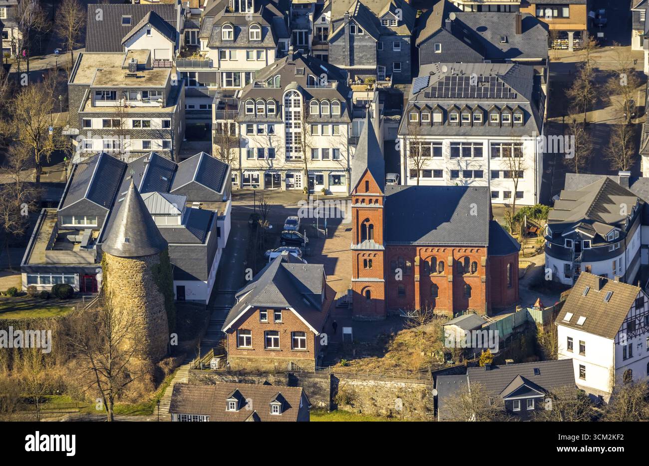 Aerial view, Protestant Church Olpe and Witches' Tower, Olpe City, Olpe ...