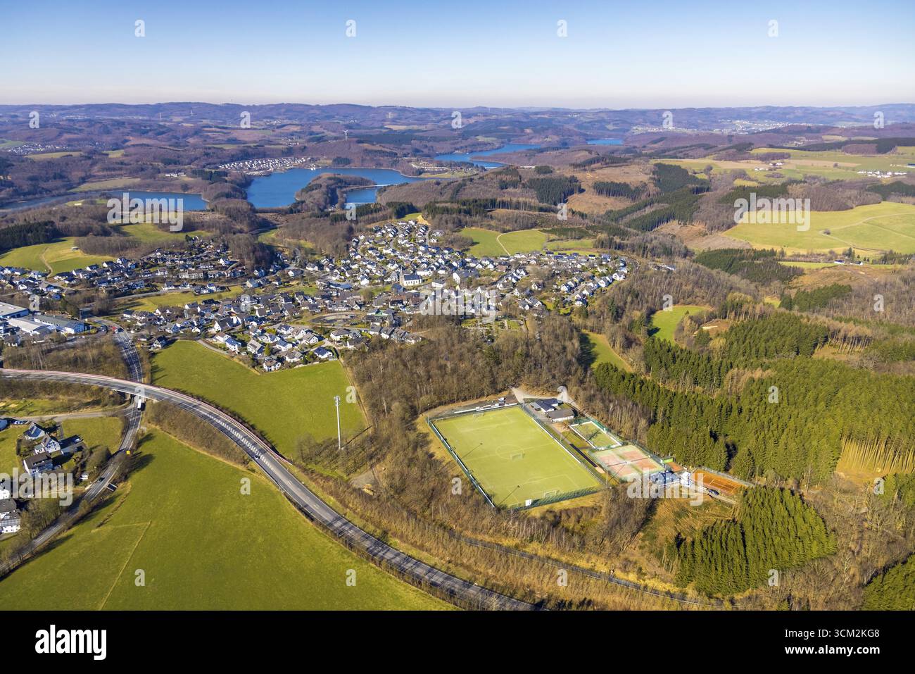 Aerial view, TUS Rhode sports field and local view, Rhode, Olpe ...