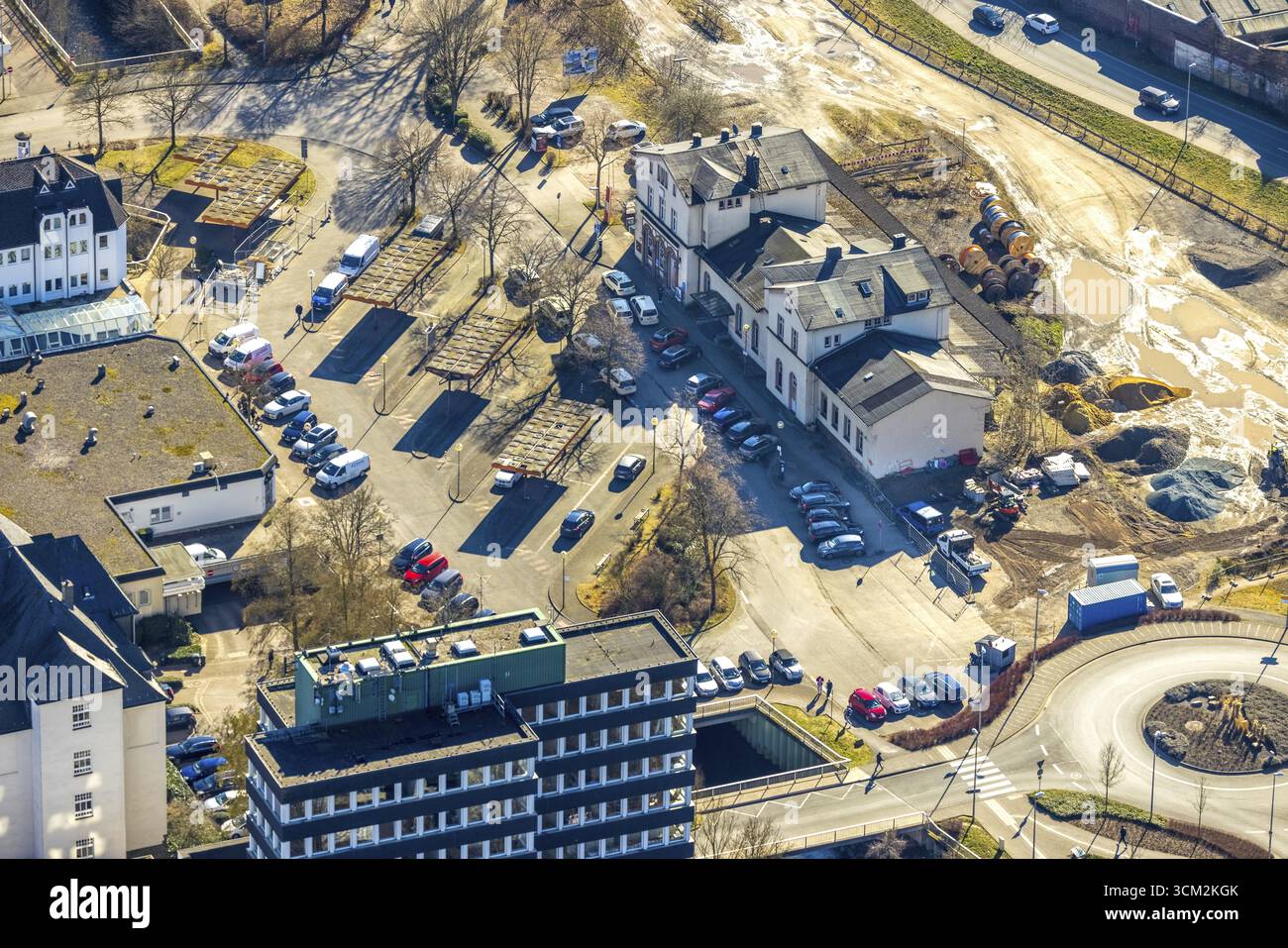 Aerial view, Old Olpe railway station, Olpe town, Olpe, Sauerland ...