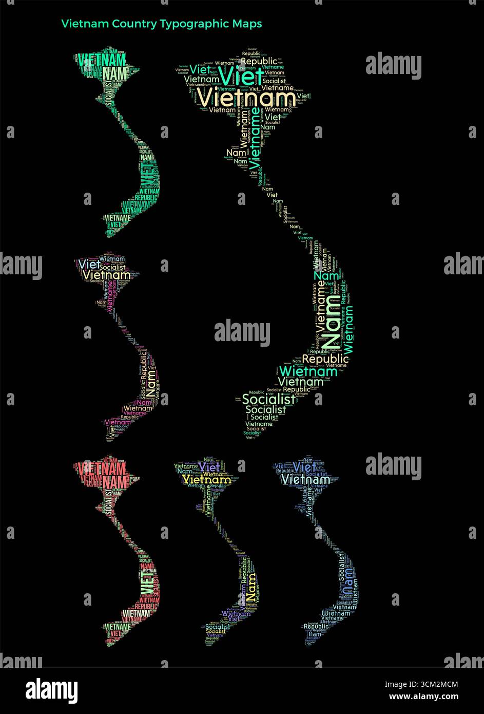 Vietnam. Set of typography style country illustrations. Vietnam map ...