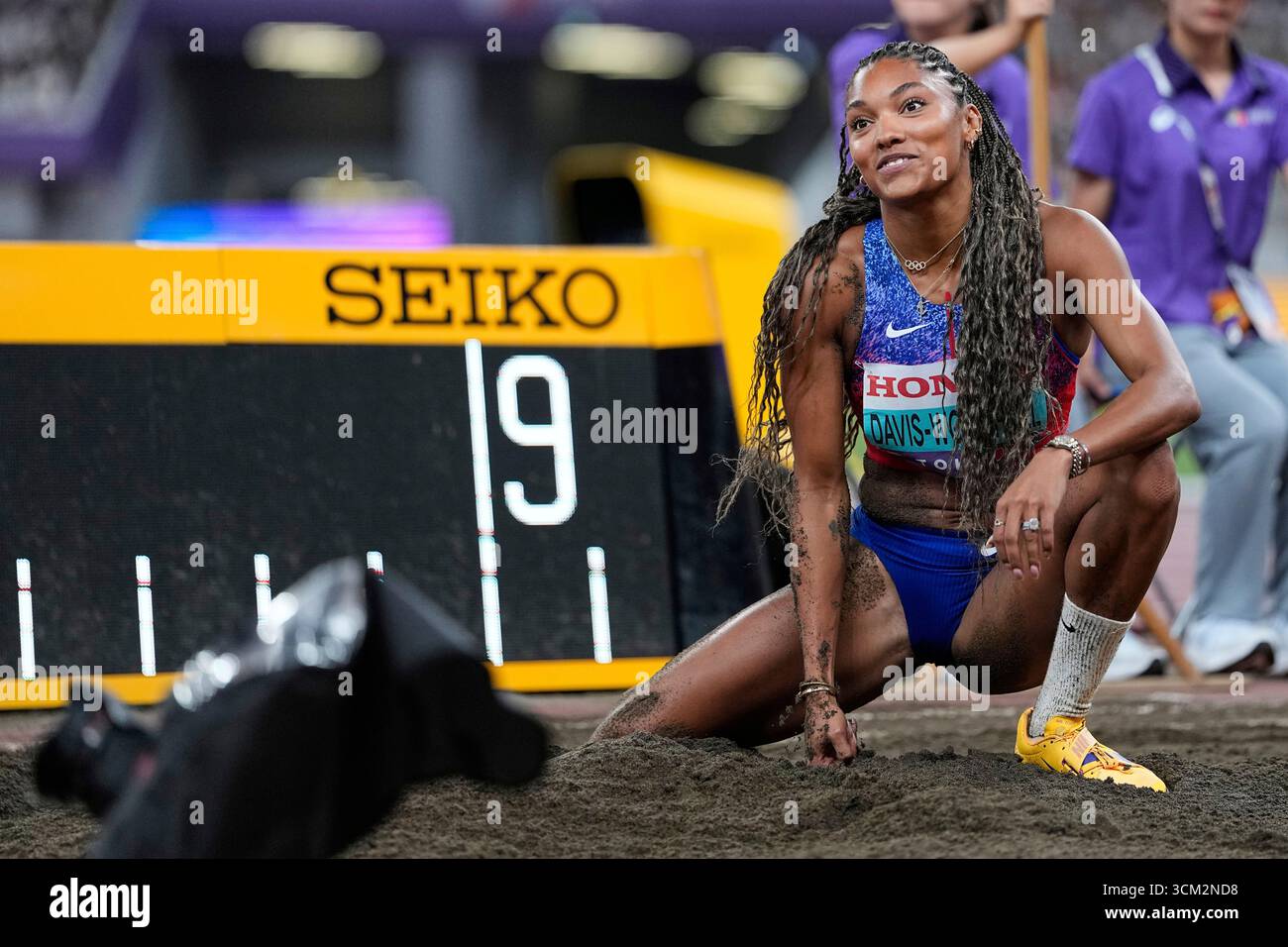 United States' Tara Davis-Woodhall reacts in the women's long jump ...