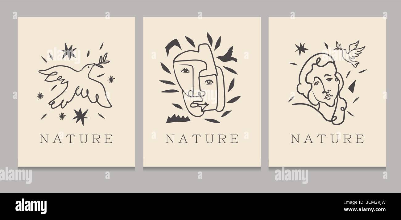 Abstract posters style lineart faces doves nature minimalist modern ...