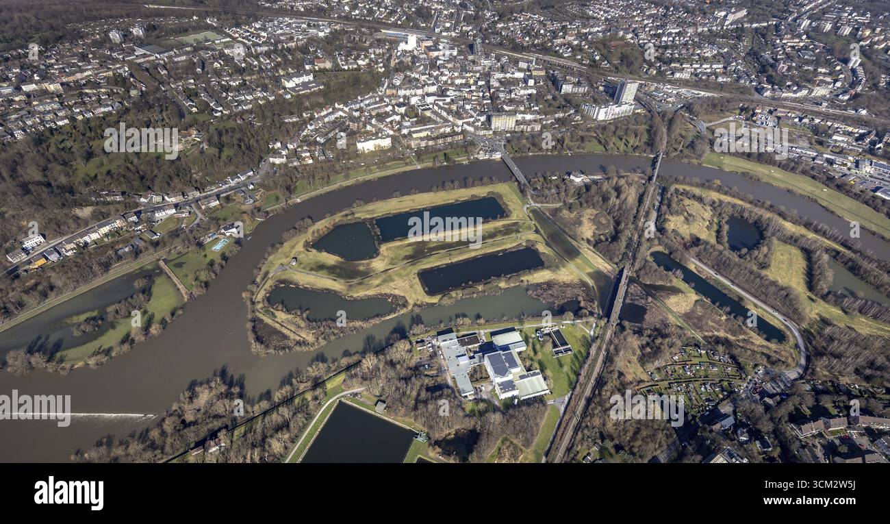 Aerial view, river Ruhr flood and flooded Steeler Ruhr meadows with ...