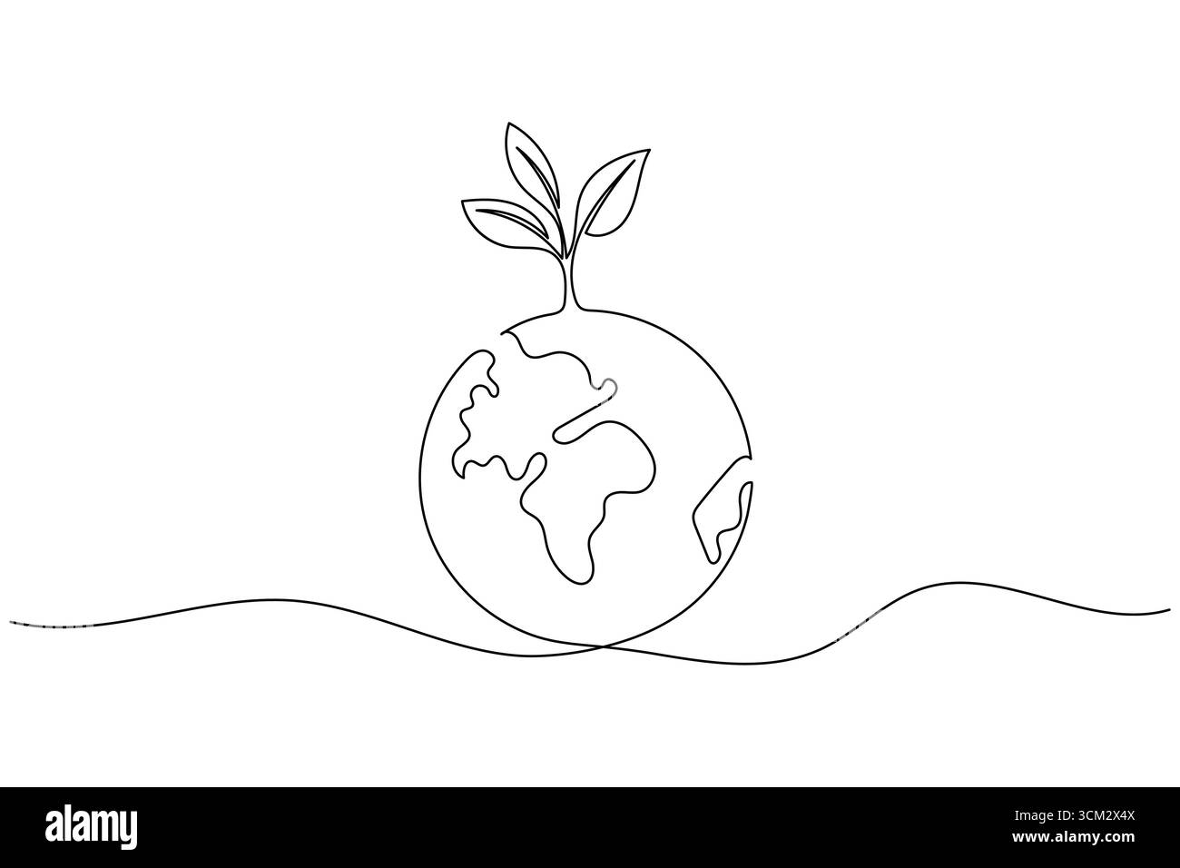 Continuous line drawing of planet earth with young plant for ecology ...