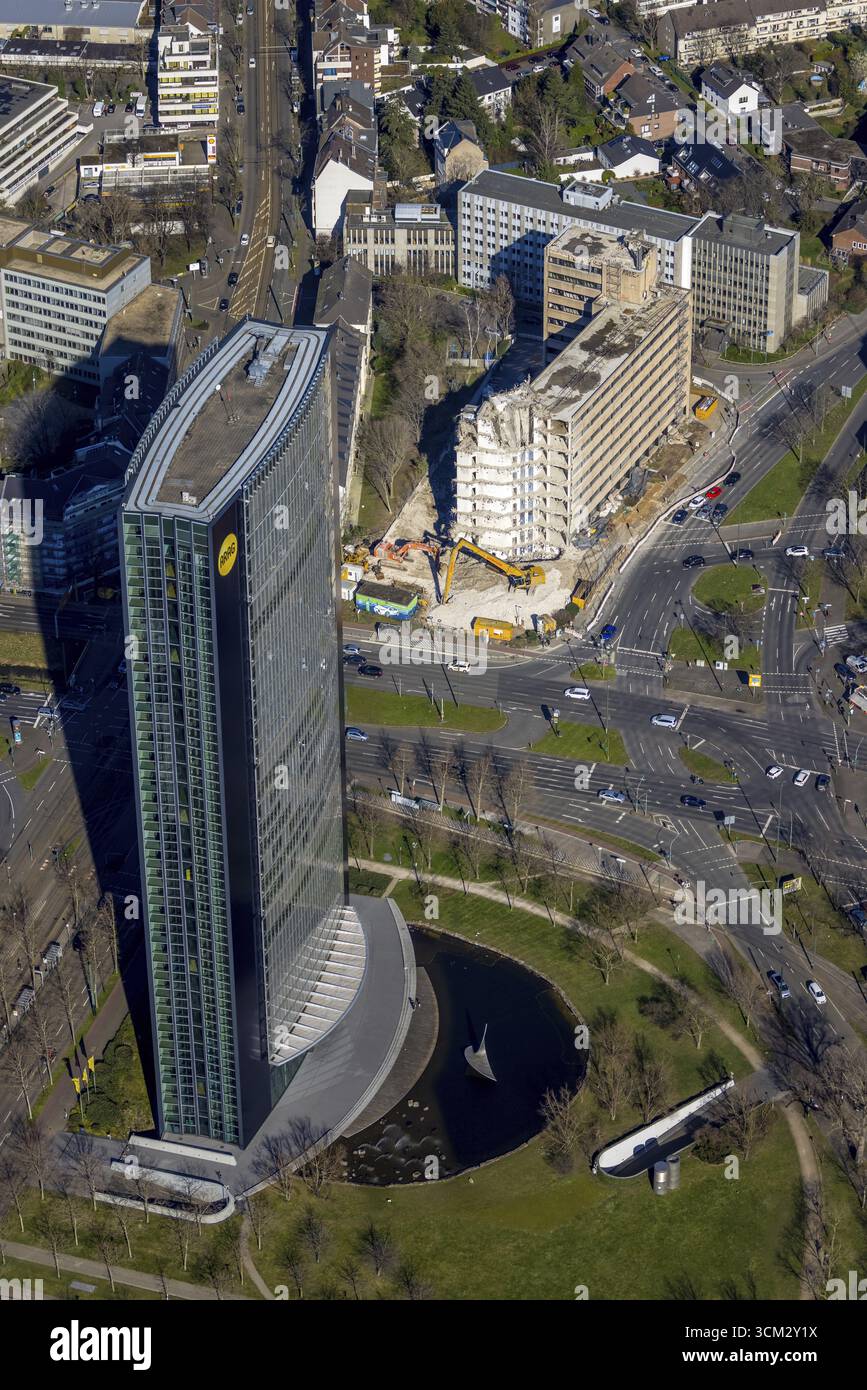 Aerial view, ARAG high-rise and office building demolition at the ...