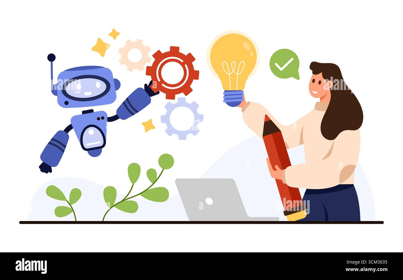 Robot and person working together with gears, lightbulb, and pencil ...