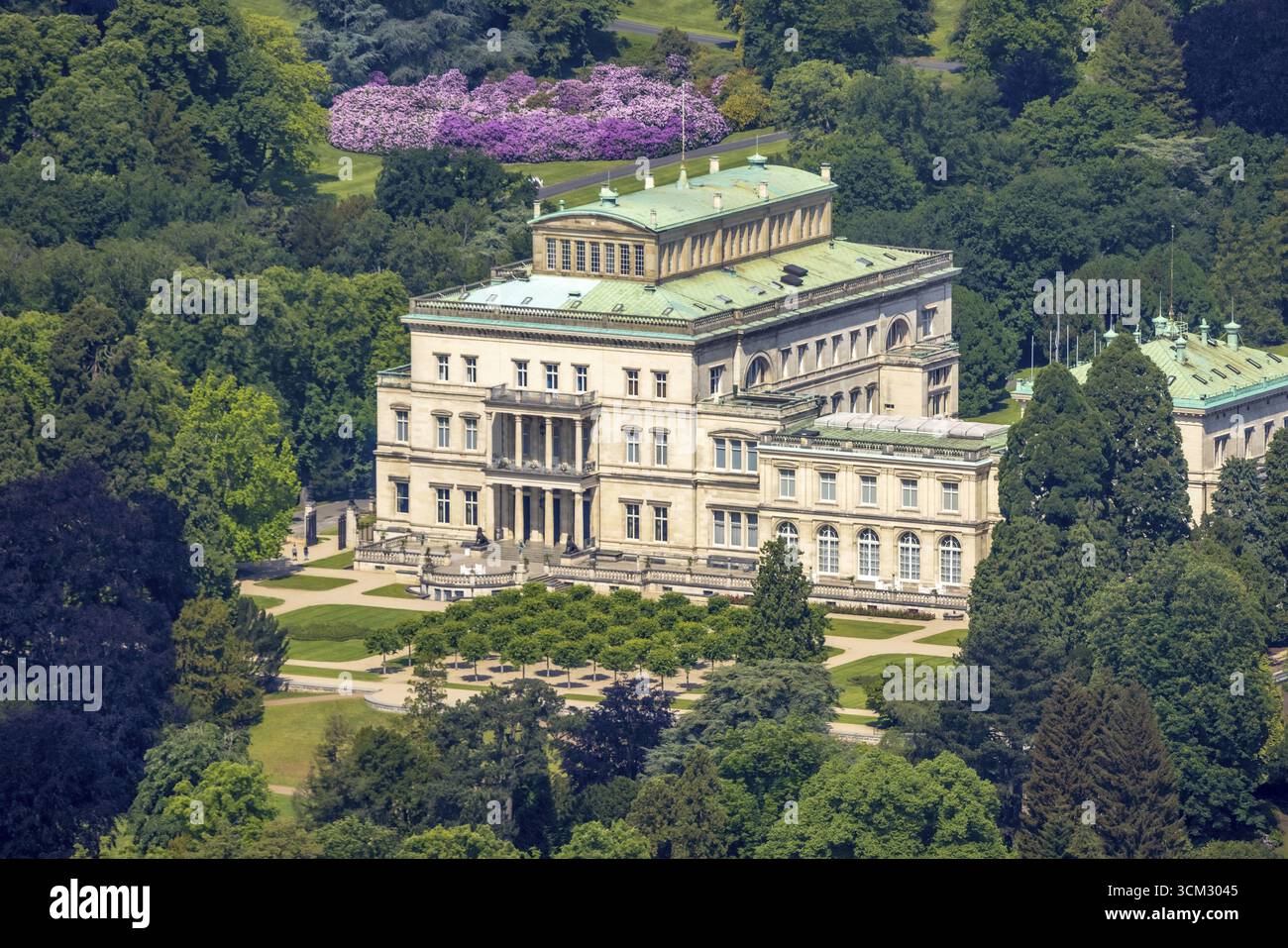 Aerial view, Villa Huegel and rhododendron blossom in the park, former ...