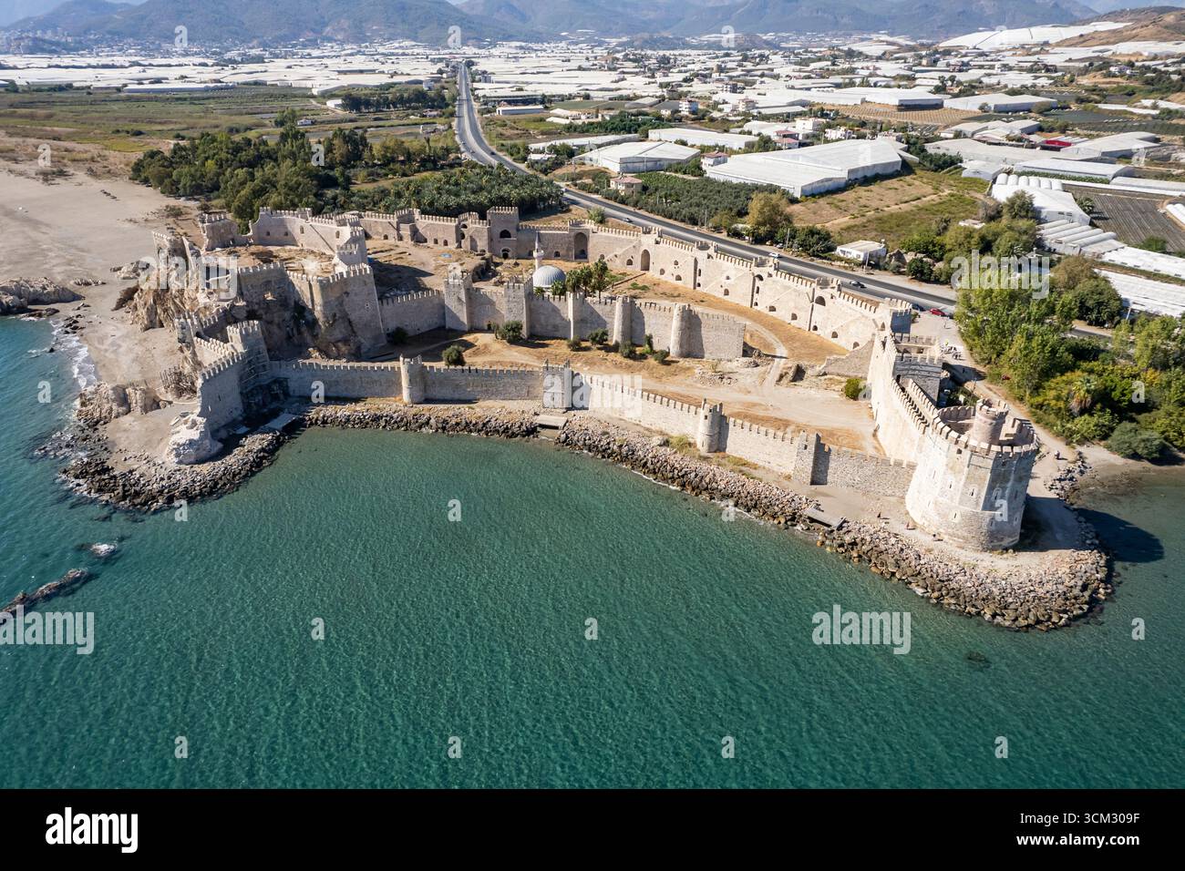 Aerial view of the Mamure Castle or Anamur Castle in Anamur Town ...