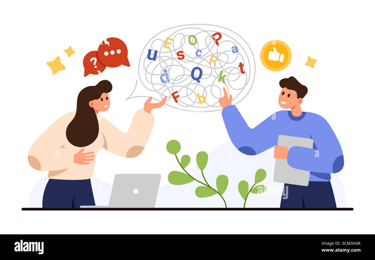 Two people discussing learning disorders with tangled letters in speech ...