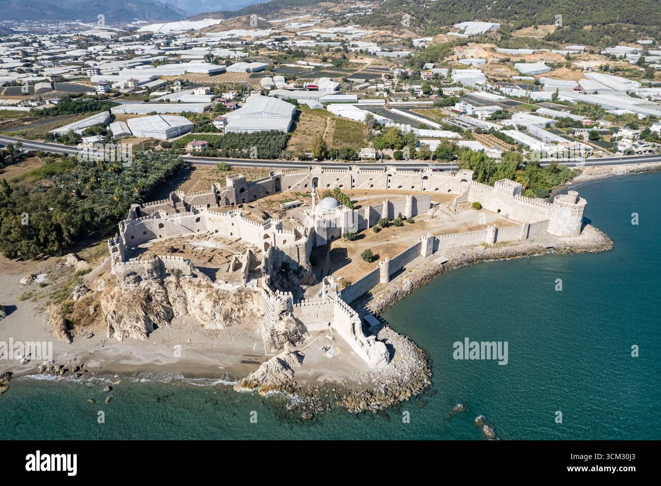 Aerial view of the Mamure Castle or Anamur Castle in Anamur Town ...