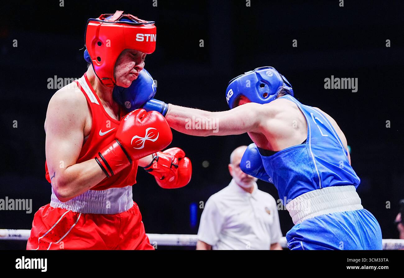 Ireland's Aoife O'Rourke (BLUE) and Turkey's Busra Isildar (RED) in the ...