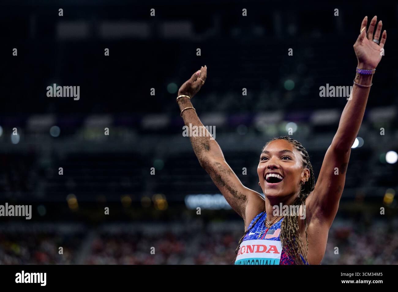 250914 Tara Davis-Woodhall of USA celebrates after women's long jump ...