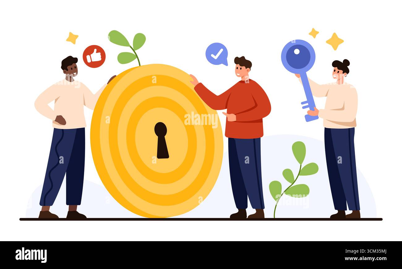 Business people collaborating to unlock target success with key and ...