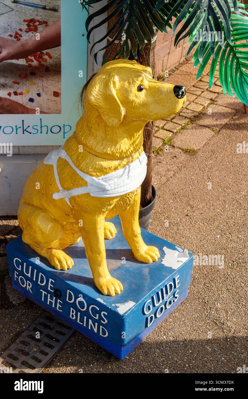 Statue of a yellow guide dog in harness on blue platform with text ...
