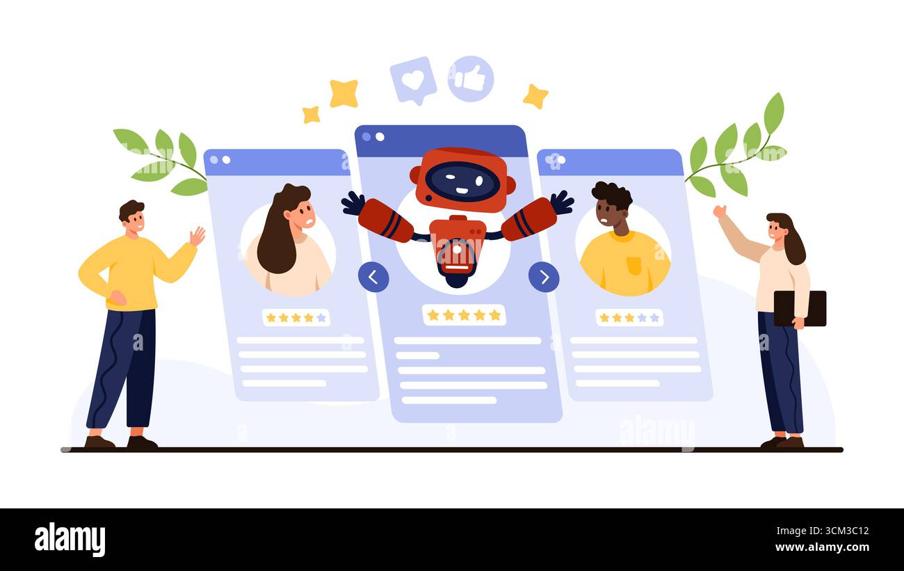 Robot and human workers shown in digital profiles highlight artificial intelligence versus human ...