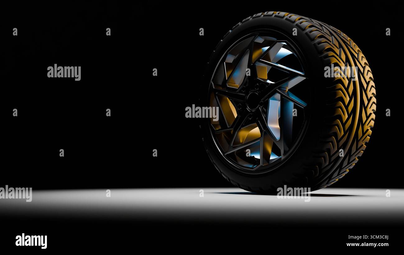 A 3D-rendered tire with intricate tread and golden highlights is ...