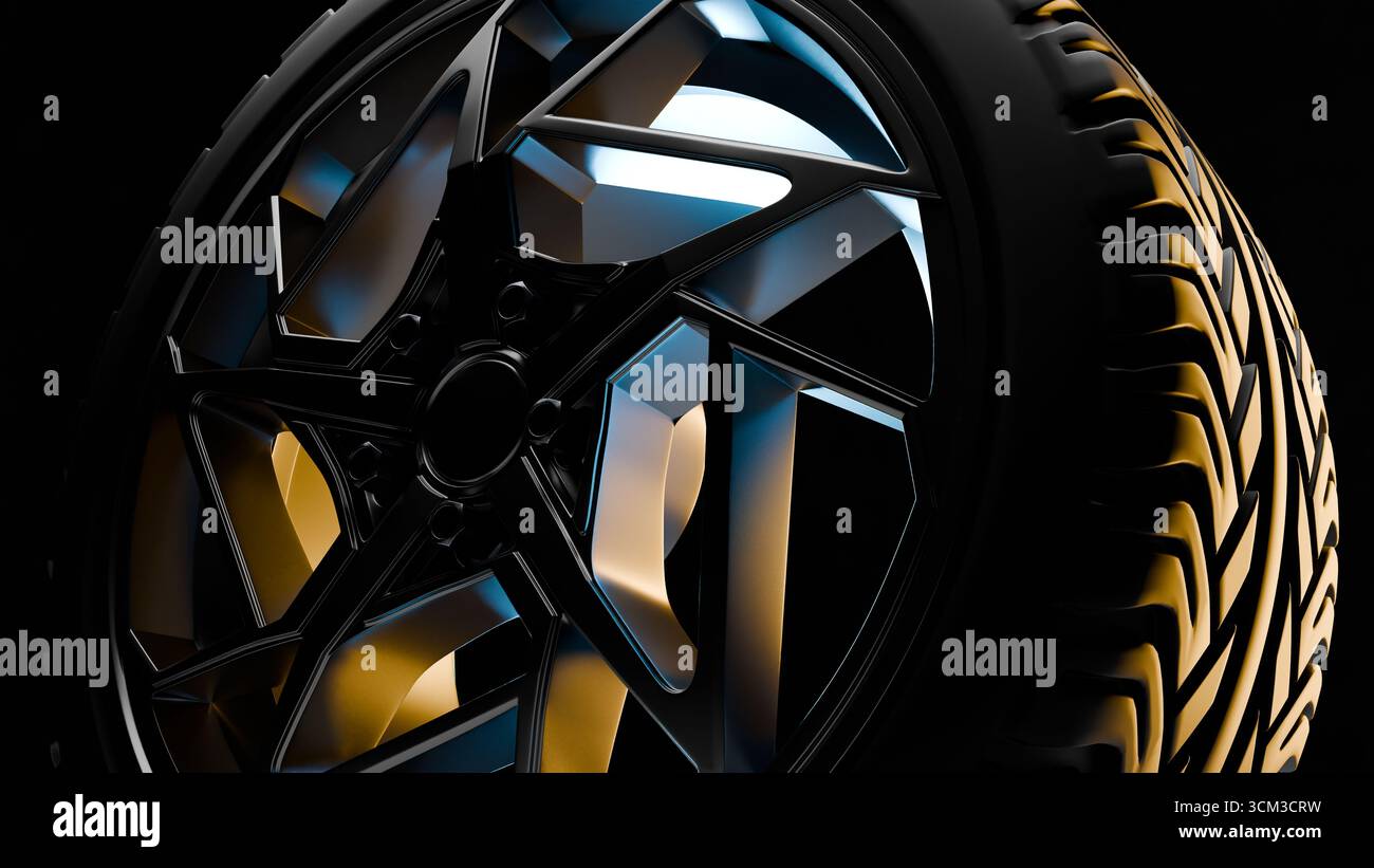 A close-up 3D visualization of a futuristic tire rim and part of the ...