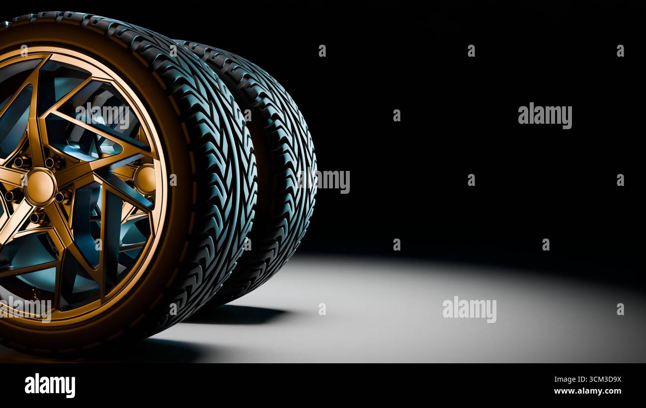 3D rendering of a golden alloy rim car wheel standing in spotlight ...