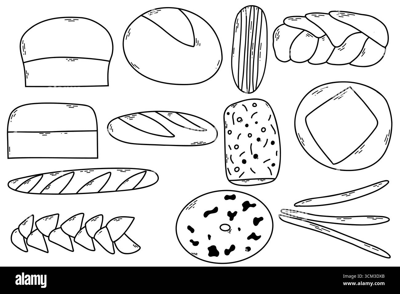 Variety of Hand-Drawn Bread Types in Black and White Sketch Style Stock ...