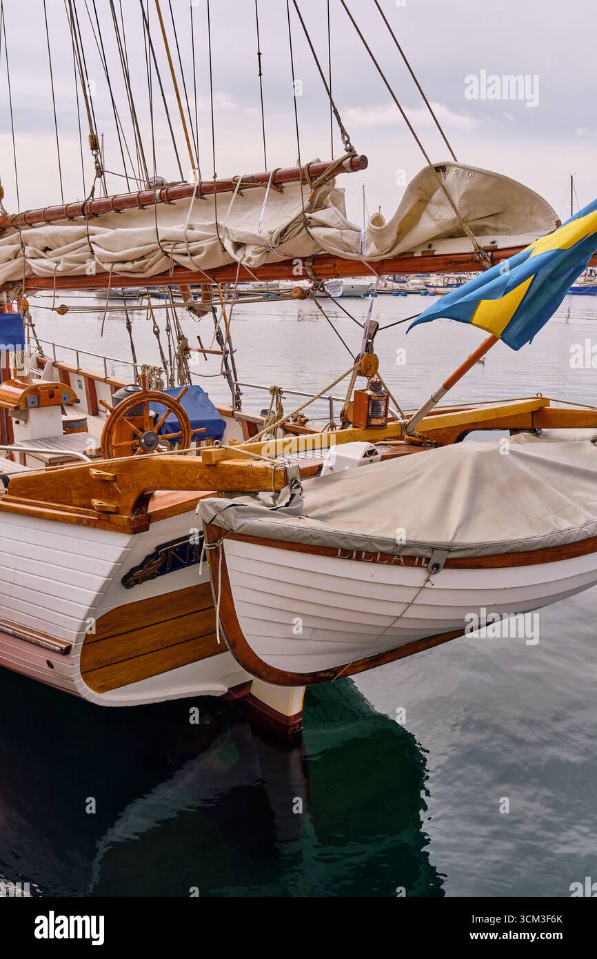 Helsingborg, Sweden ; August 12, 2025: Traditional wooden yacht stern ...