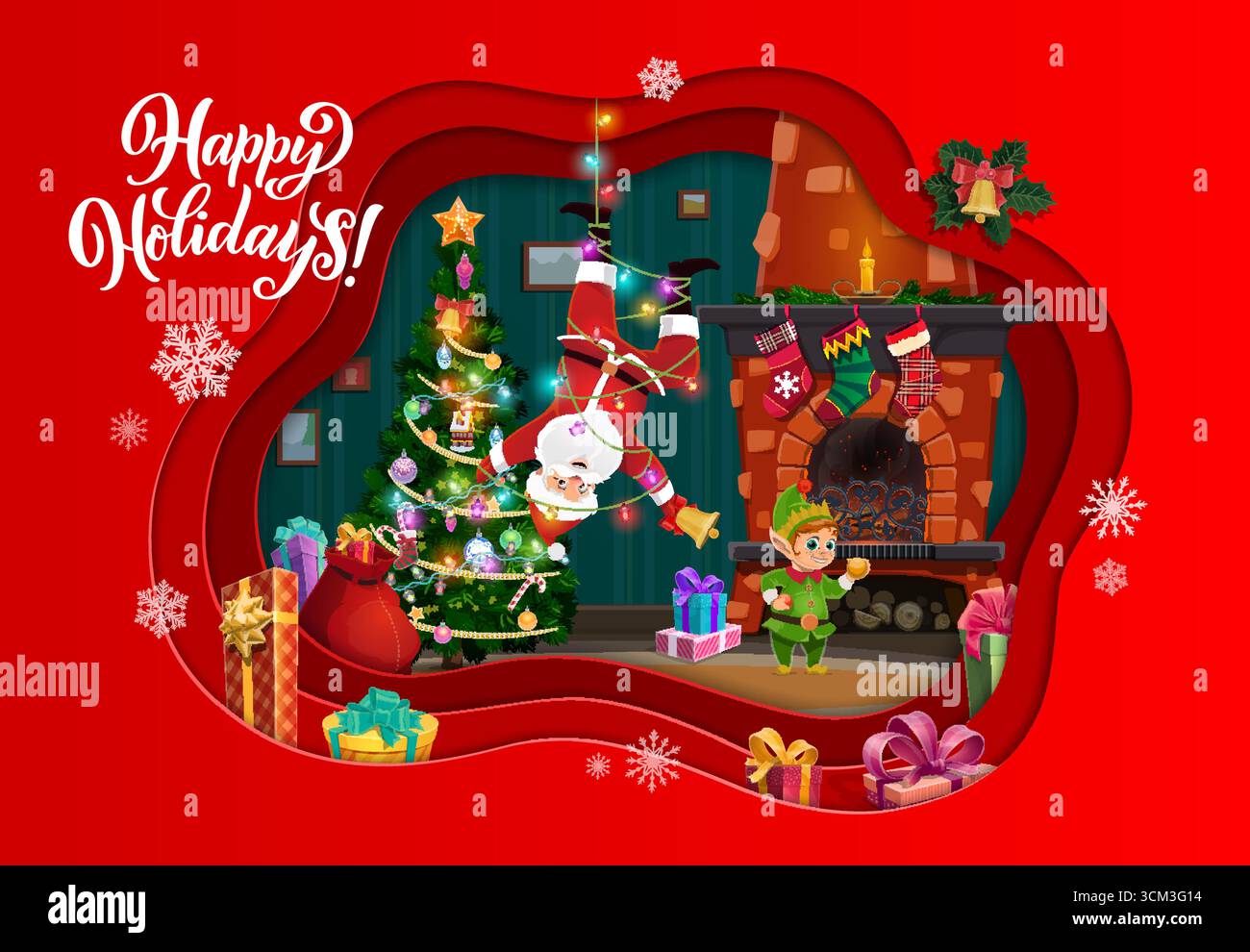 Christmas paper cut banner with Santa hanging on garland at fireplace ...
