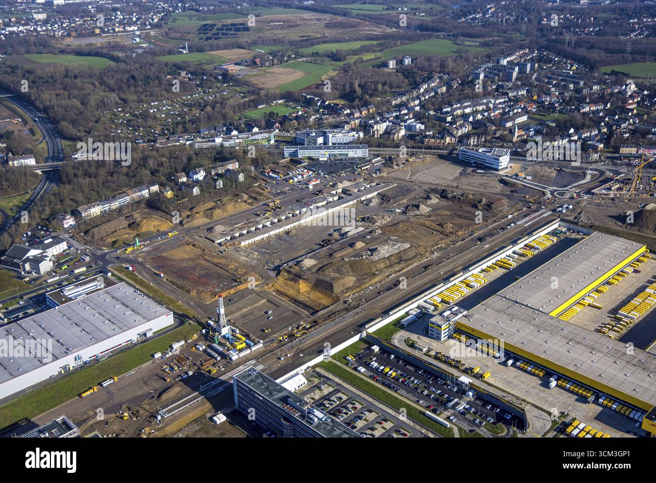 Aerial view, industrial estate Mark 51/7 with new construction of the O ...