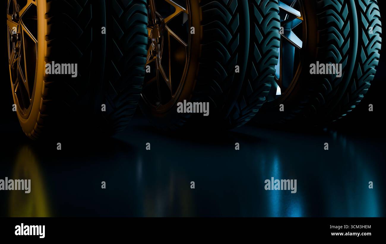 Golden alloy rim car wheels are lined up on a shiny black reflective ...