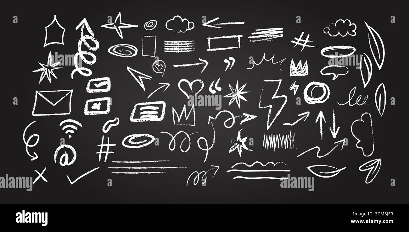 Chalkboard with hand drawn shapes and symbols for education and design ...