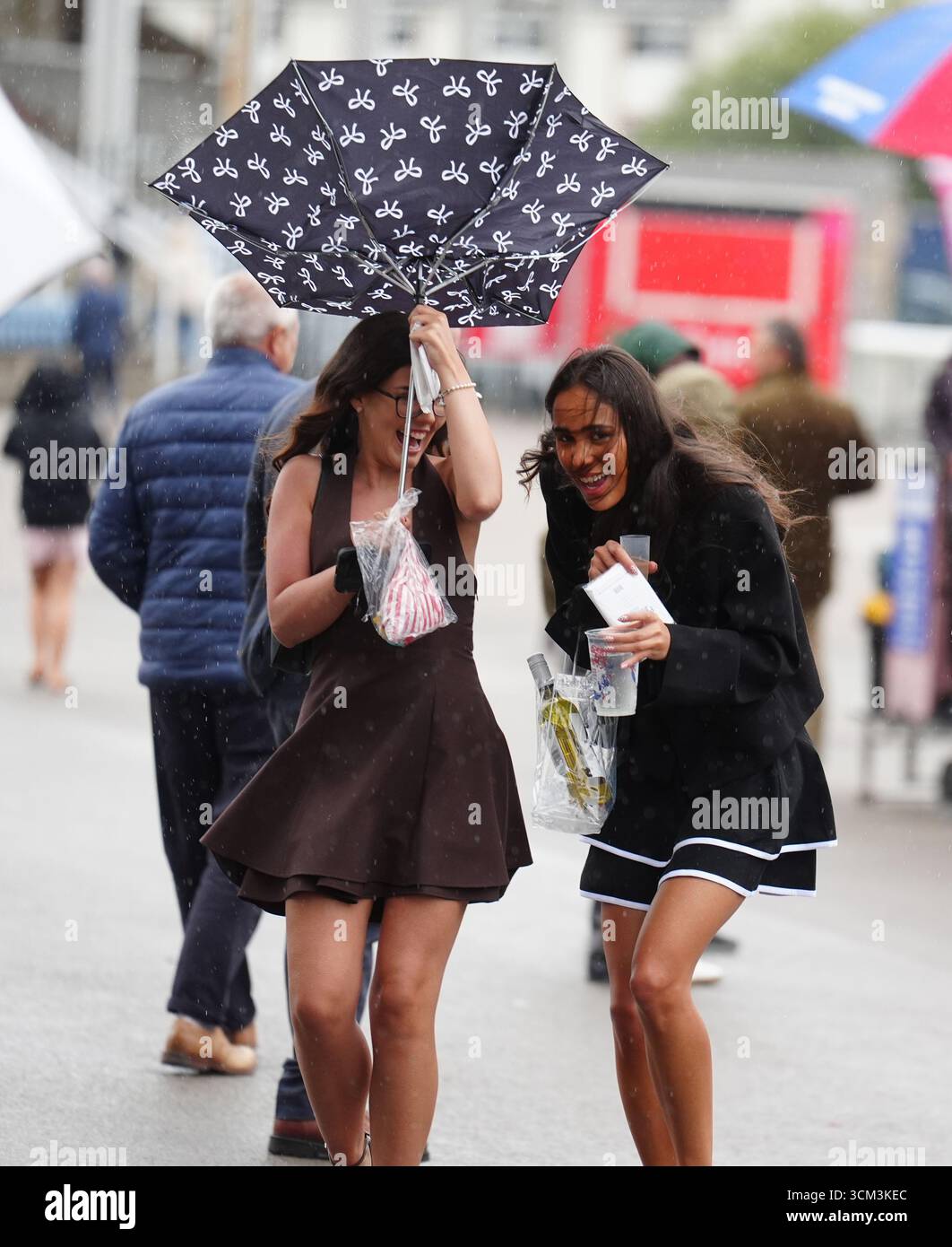 Racegoers try and shelter from the wind and the rain during Betfred ...