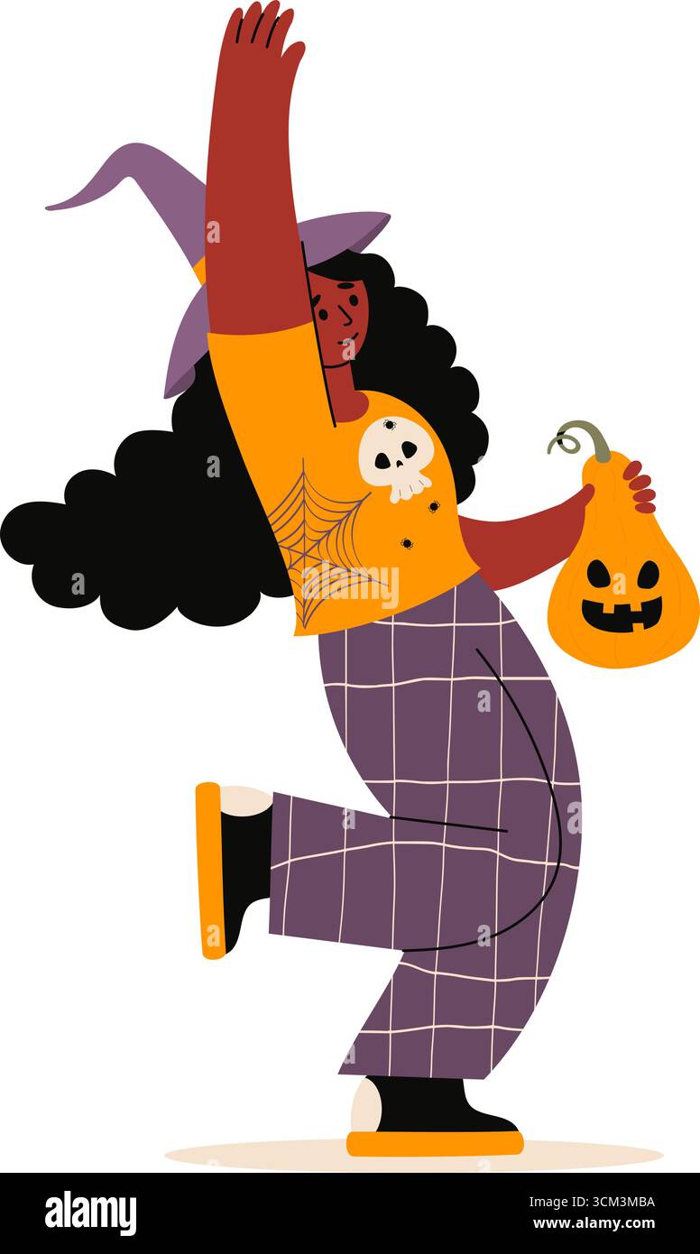 Halloween. Happy Woman In Witch Hat and Pumpkin lantern Jack. Cute ...