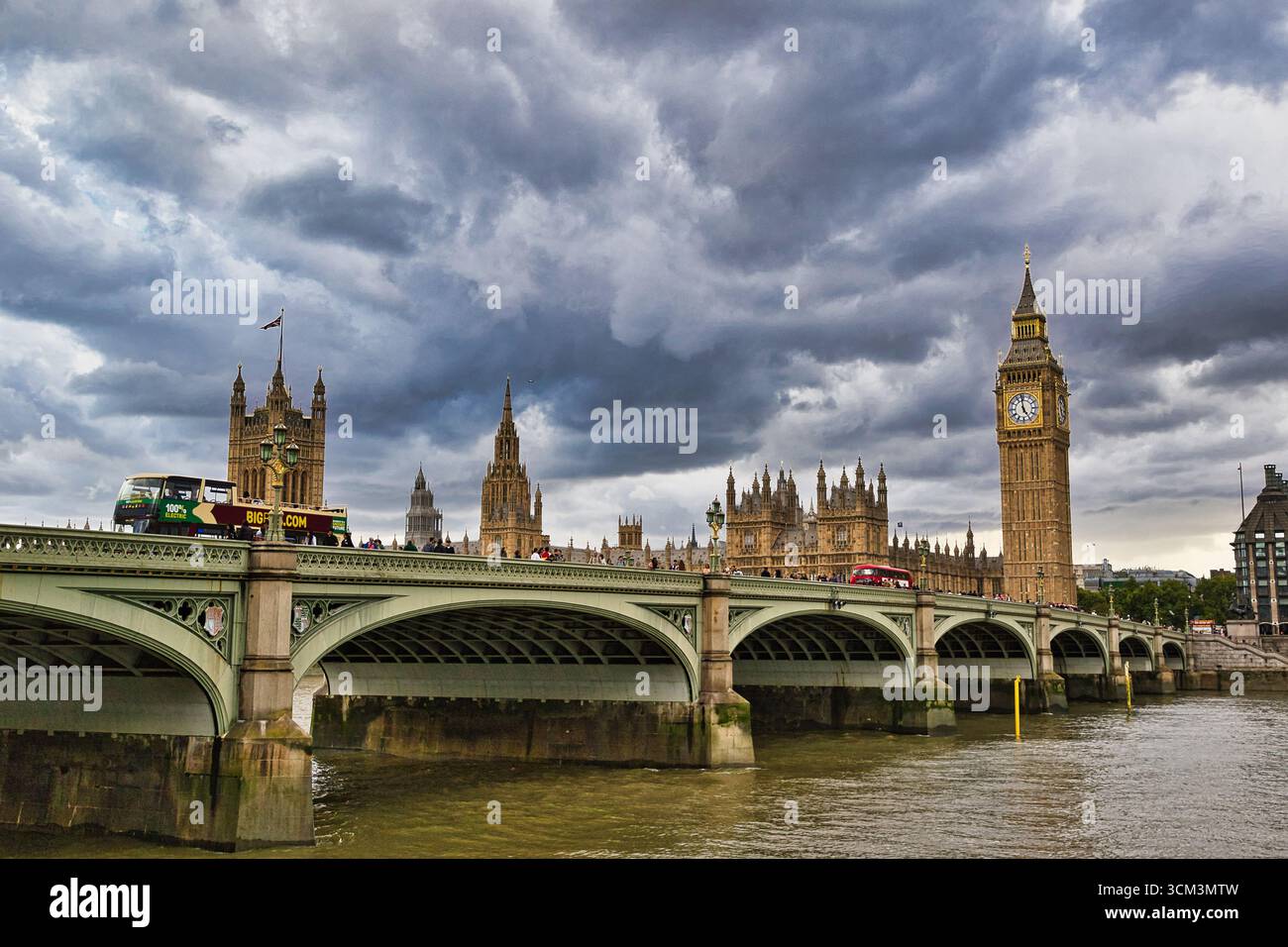 A bridge crosses a river with the Houses of Parliament and Big Ben ...