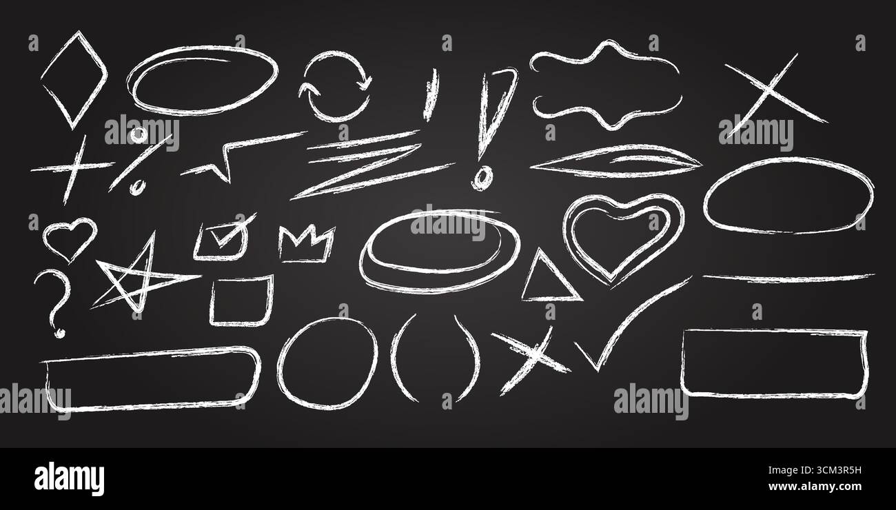Chalkboard with hand drawn shapes and symbols for education and design ...