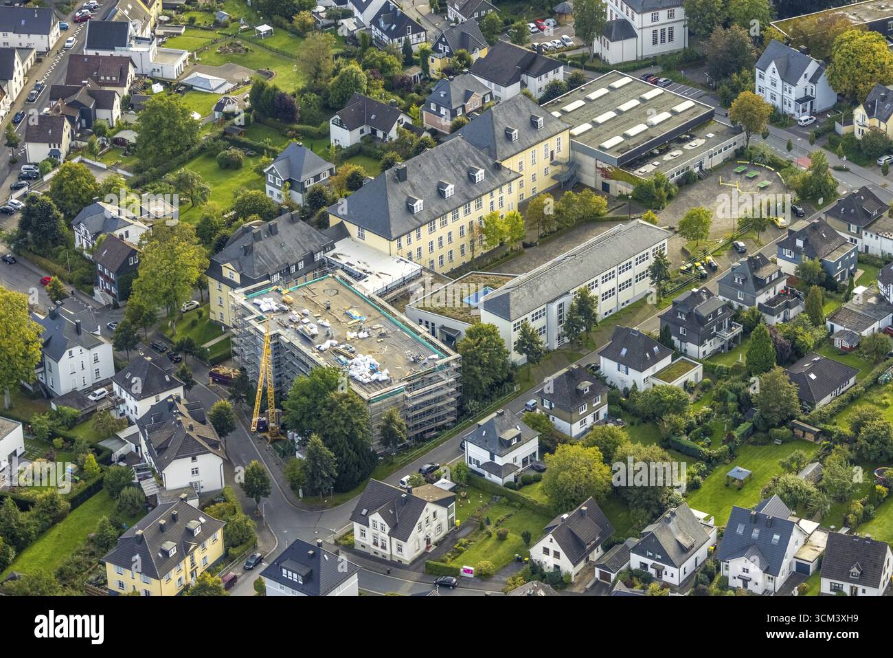 Aerial view, Staedtisches Gymnasium, construction site with new ...