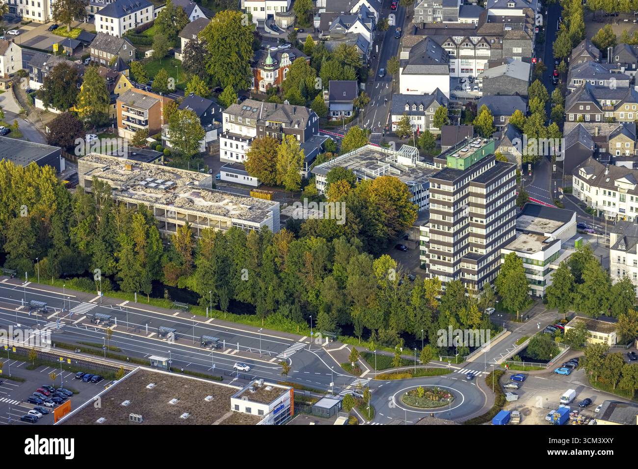 Aerial view, town hall, demolition of secondary school, Olpe town, Olpe ...