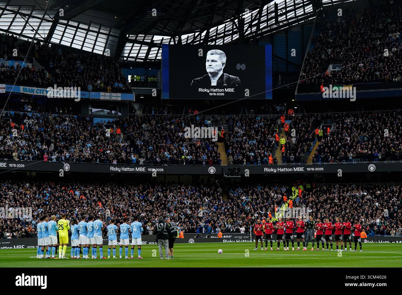 Manchester, England, 14th September 2025. Both sets of players and fans ...