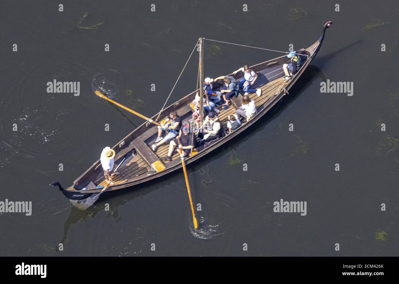 Aerial view, replica Viking boat with rowers, medieval spectacle ...