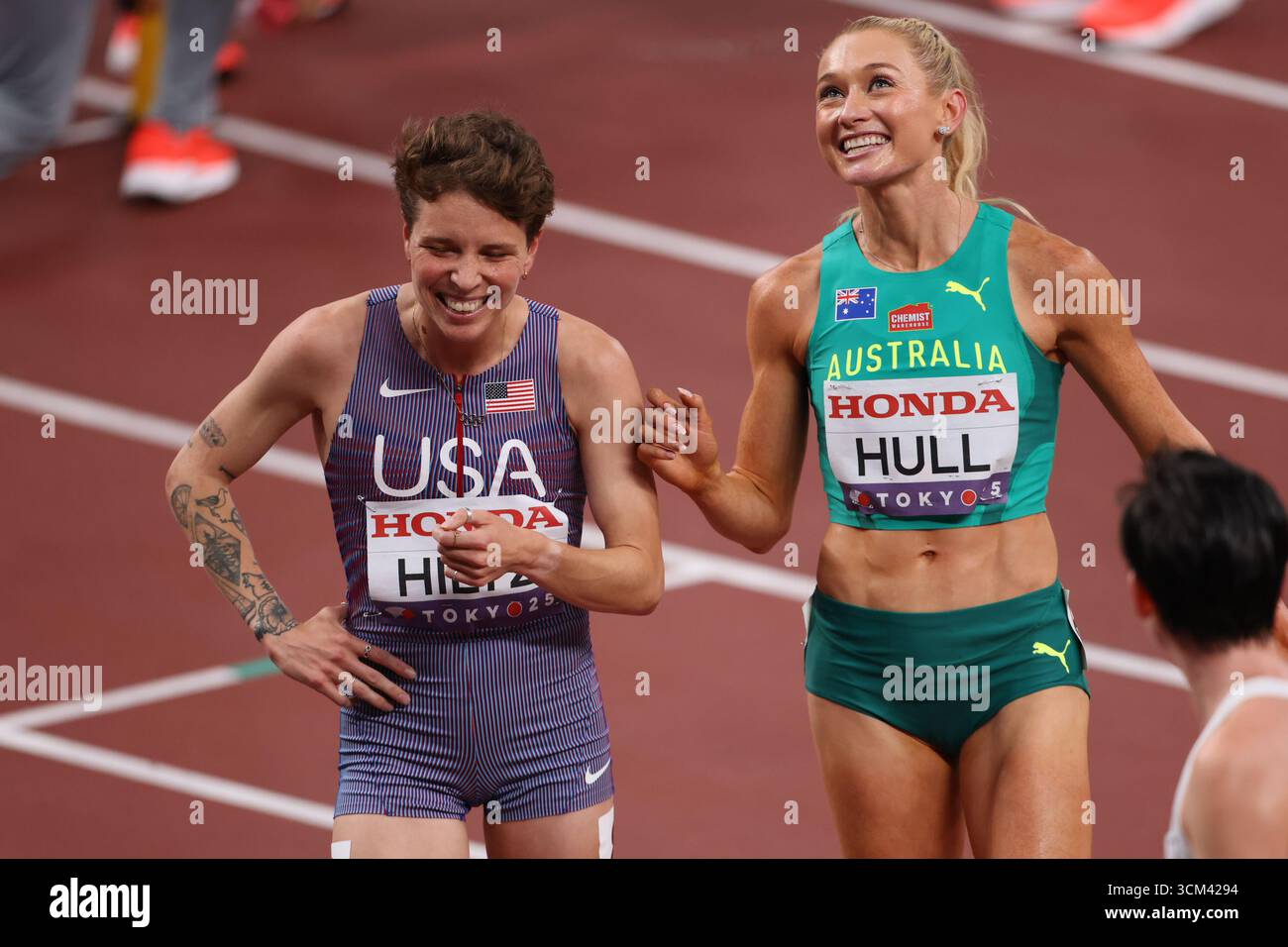 Nikki Hiltz (USA) and Jessica Hull (AUS) after their 1500m heat during ...