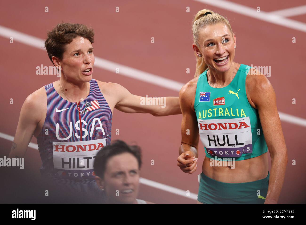 Nikki Hiltz (USA) and Jessica Hull (AUS) after their 1500m heat during ...