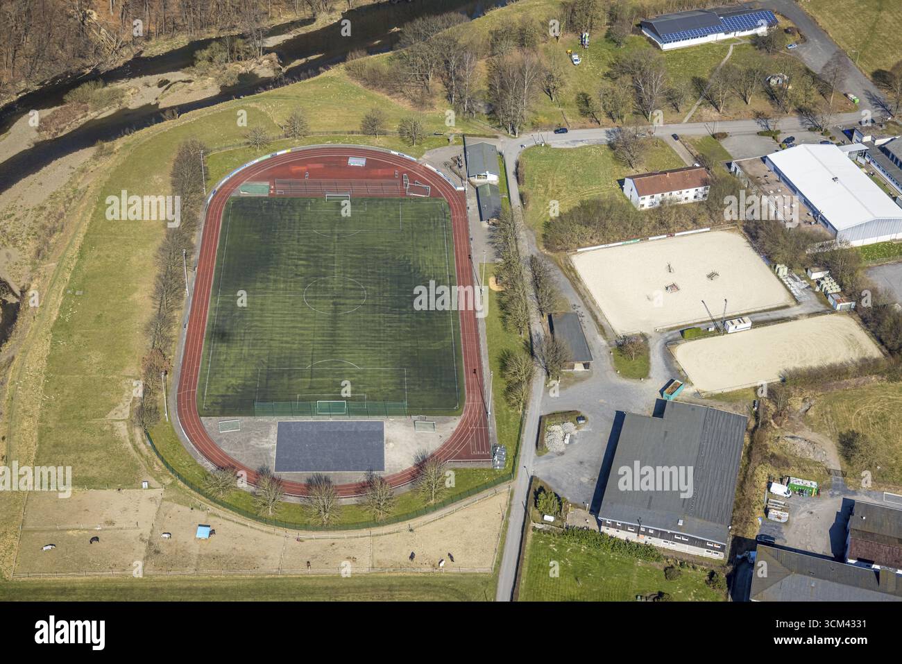 Aerial view, sports centre In den Oeren, Oeventrop, Arnsberg, Sauerland ...