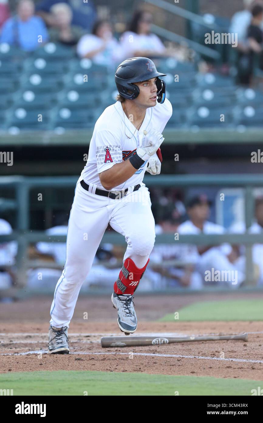 Slate Alford (21) of the Inland Empire 66ers runs to first base against ...