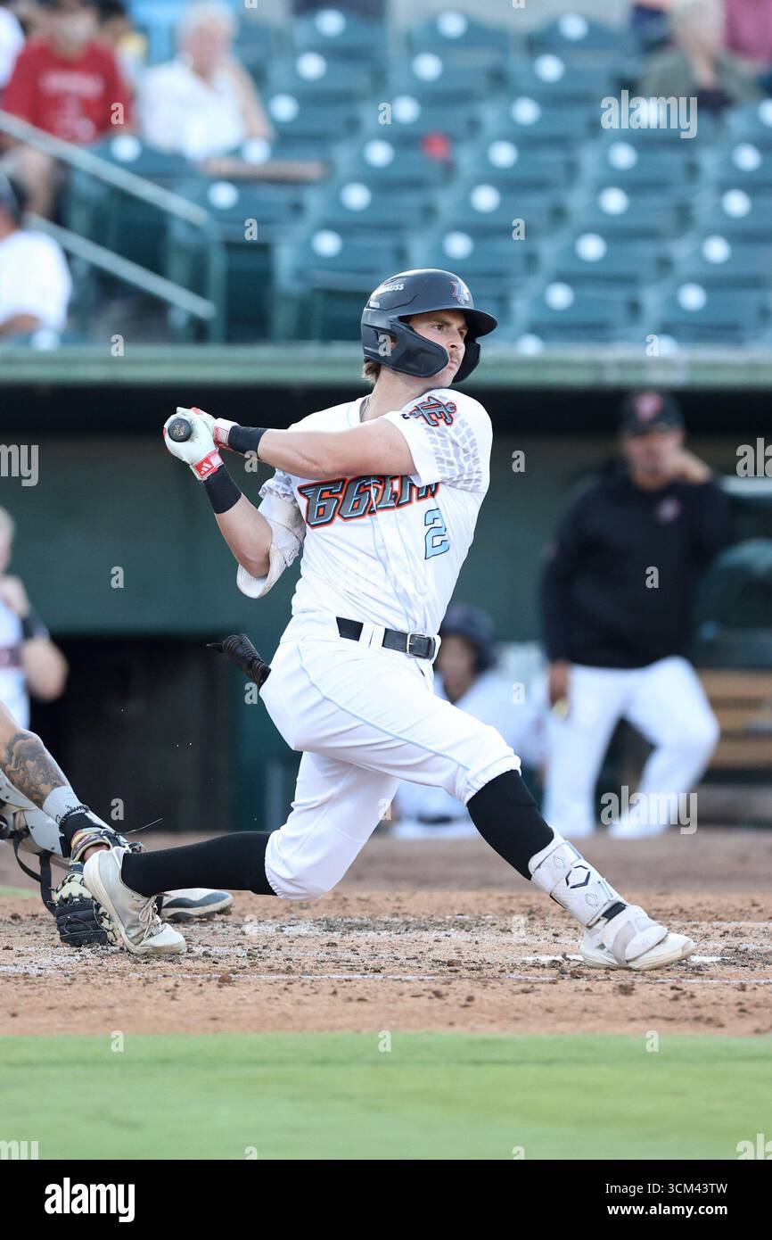Nick Rodriguez (2) of the Inland Empire 66ers bats against the Lake ...