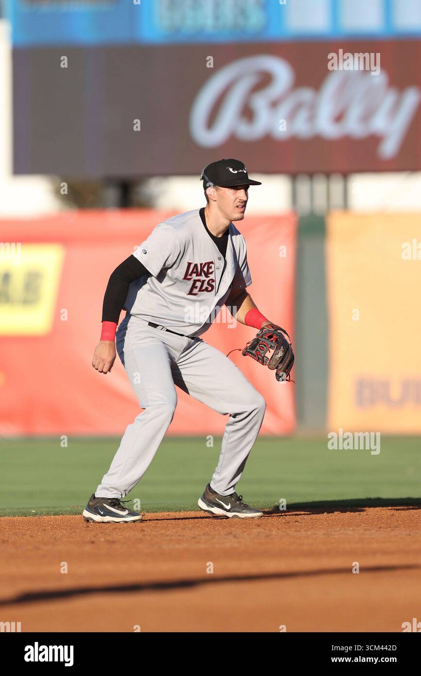 Dylan Grego (5) of the Lake Elsinore Storm in the field against the ...