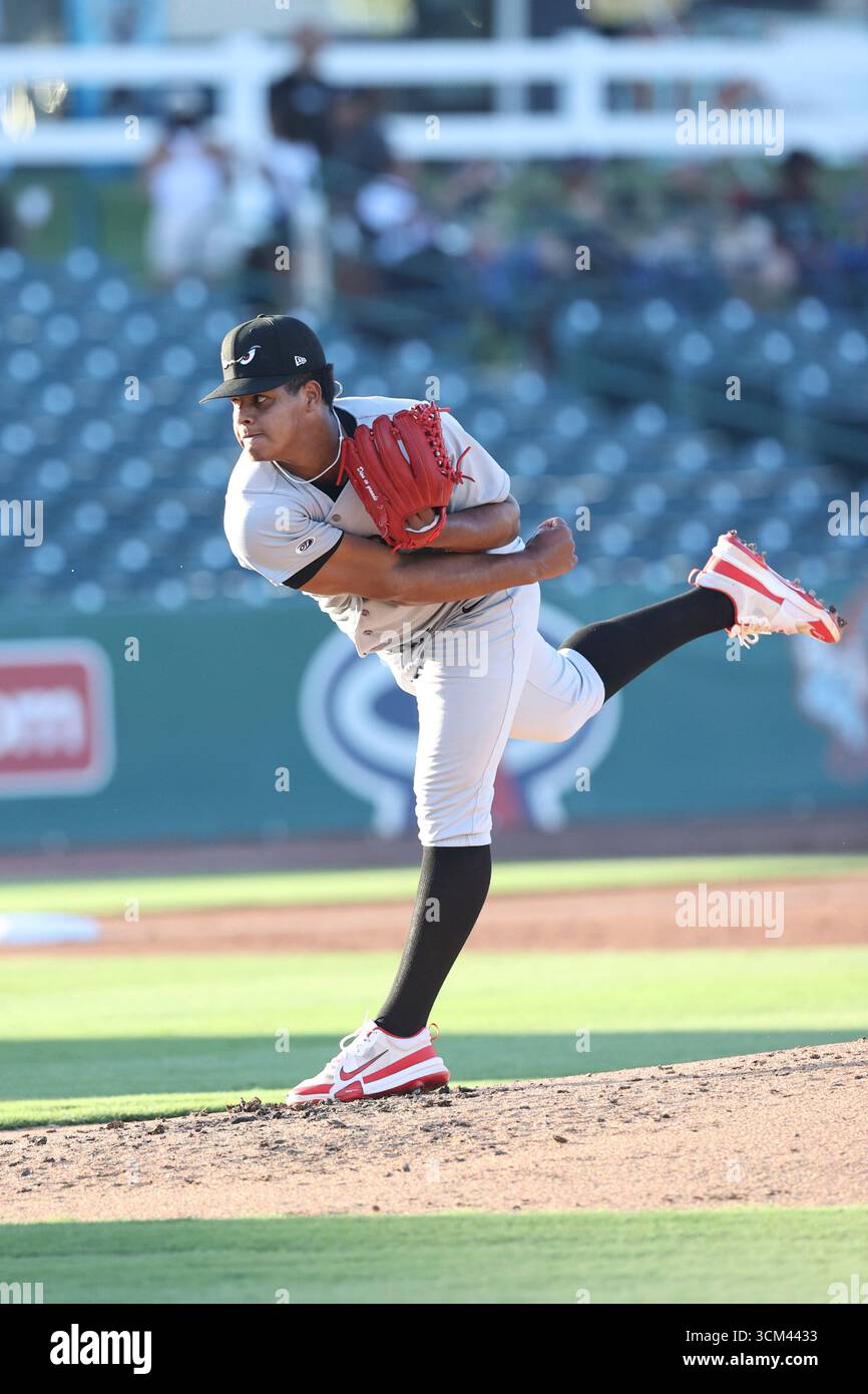 Abraham Parra (38) of the Lake Elsinore Storm pitches against the ...