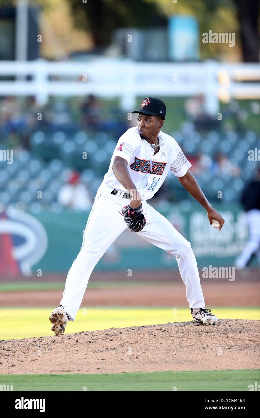 Alton Davis ll (18) of the Inland Empire 66ers pitches against the Lake ...