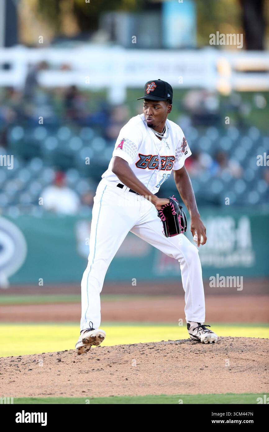 Alton Davis ll (18) of the Inland Empire 66ers pitches against the Lake ...