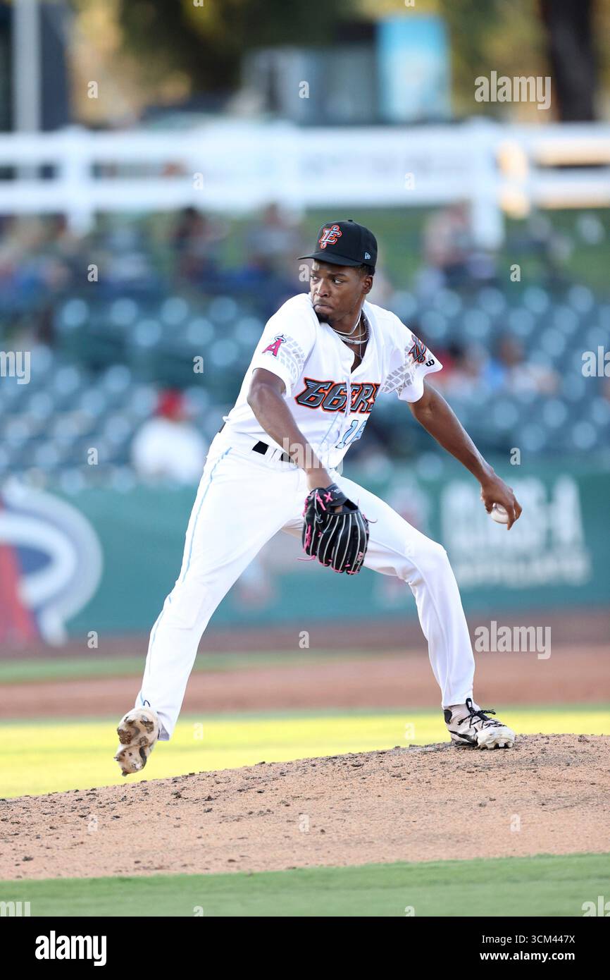 Alton Davis ll (18) of the Inland Empire 66ers pitches against the Lake ...